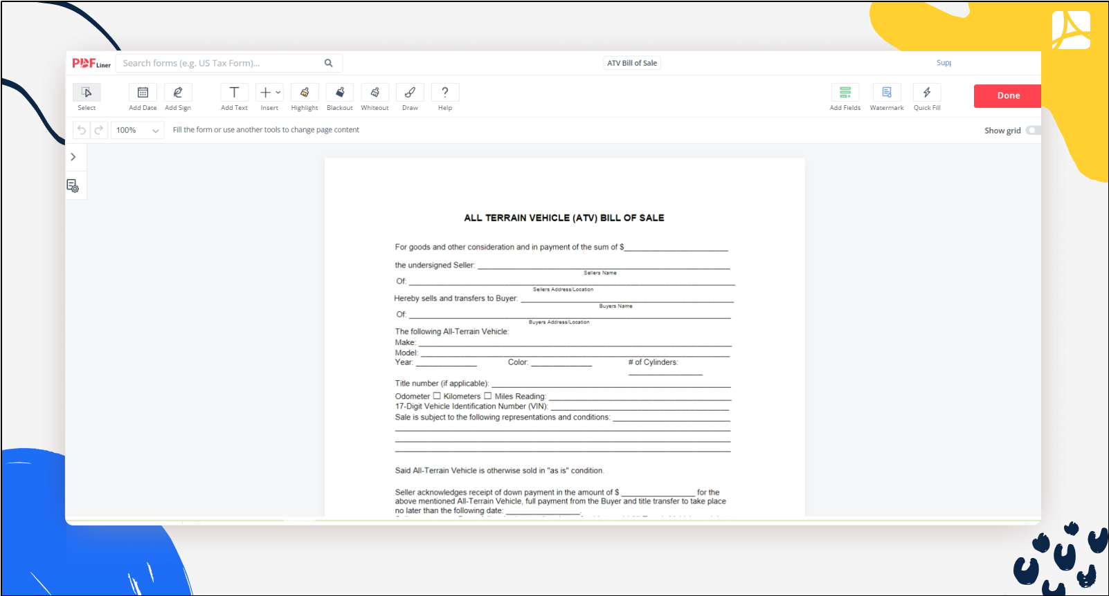 ATV Bill of Sale Form - Edit, Download and Send online | PDFliner