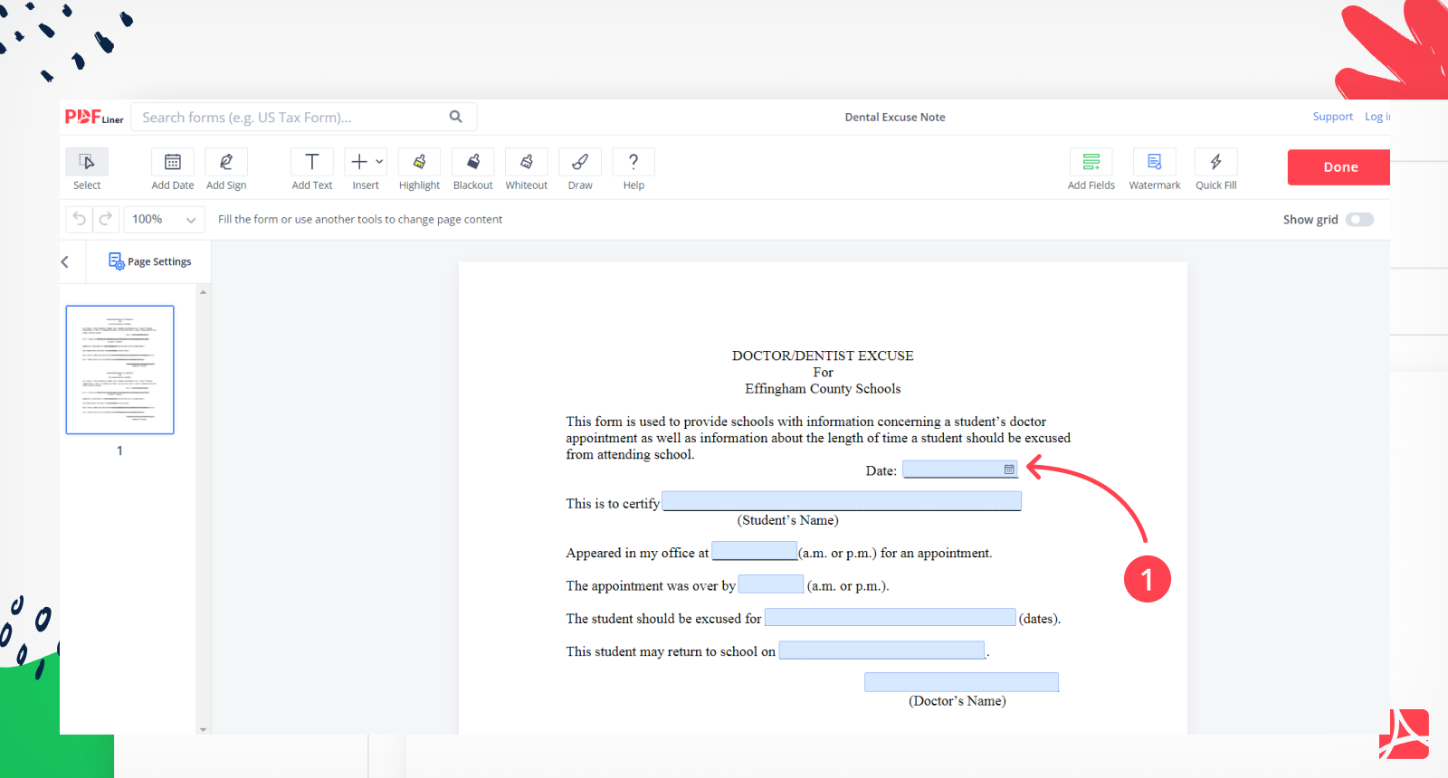 Printable dentist excuse note blank, sign form | PDFliner