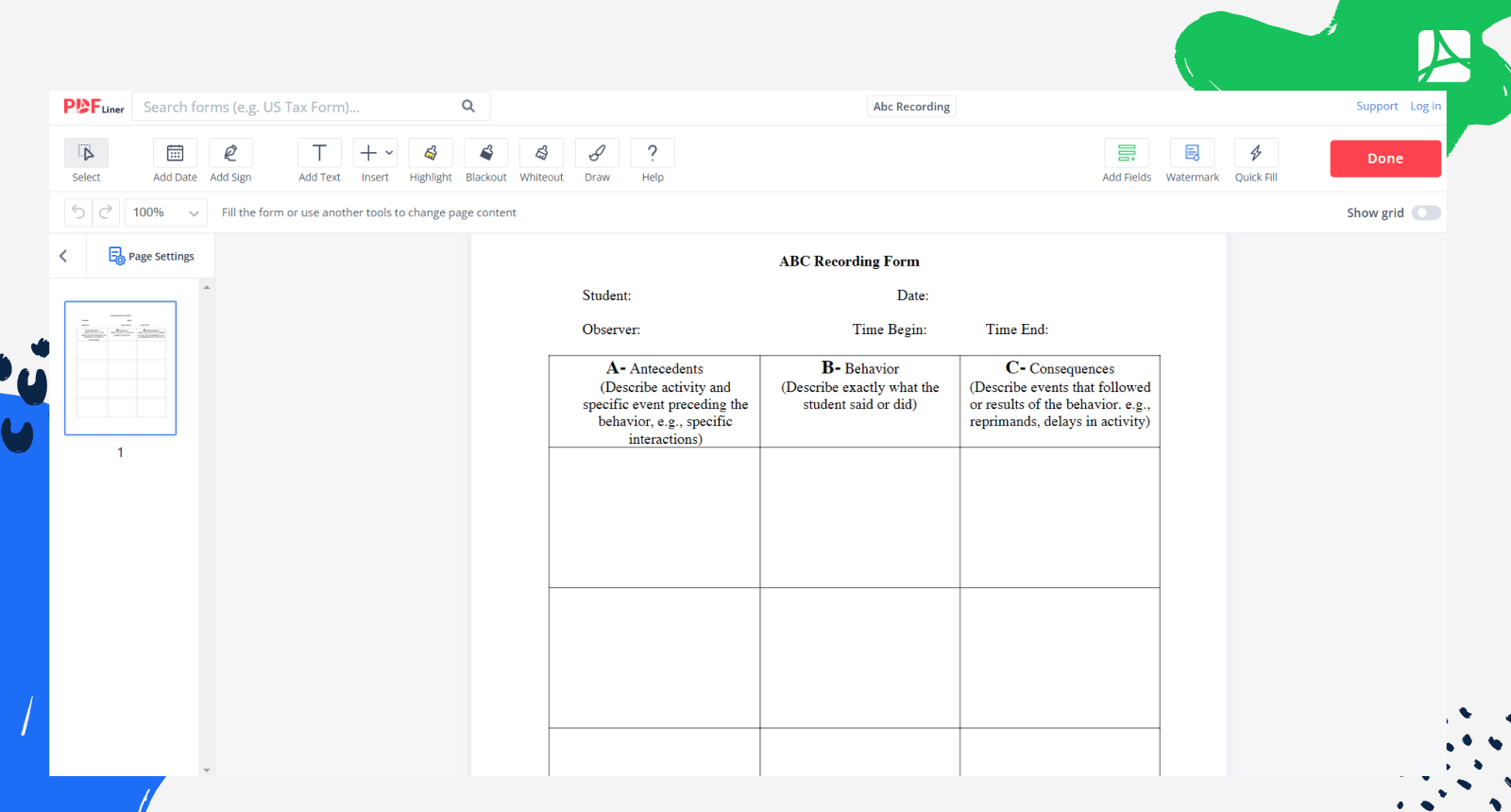 ABC Recording Form Printable Blank Sign Forms Online PDFliner ABC Recording Form Printable Blank Sign Forms Online PDFliner