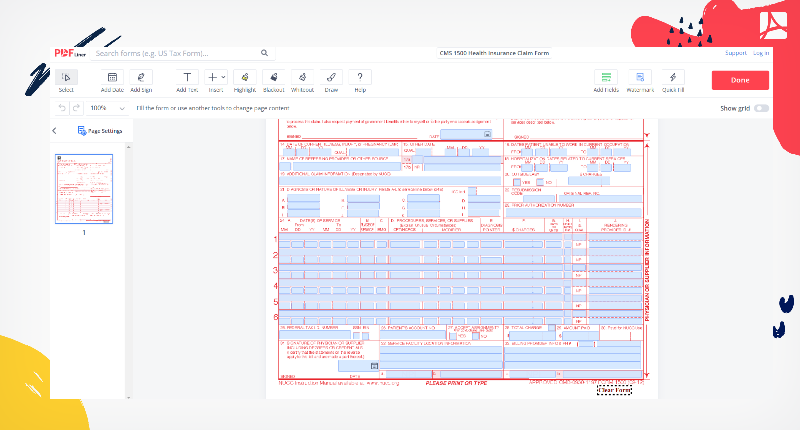 Fillable CMS 1500 Health Insurance Claim Form - PDFliner