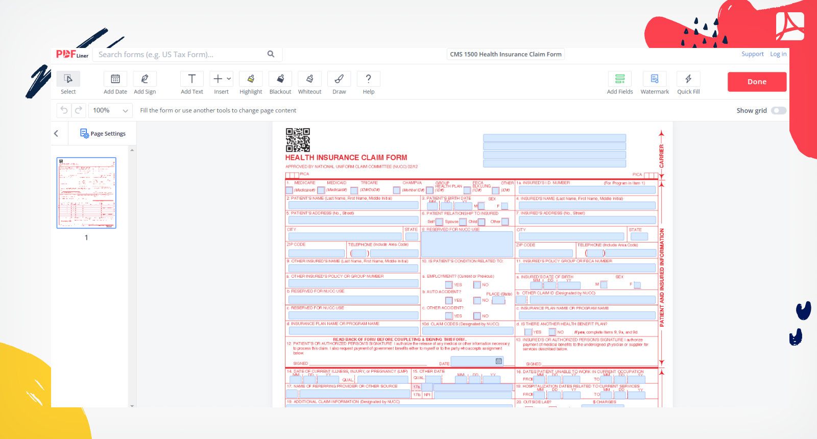 Fillable CMS 1500 Health Insurance Claim Form - PDFliner