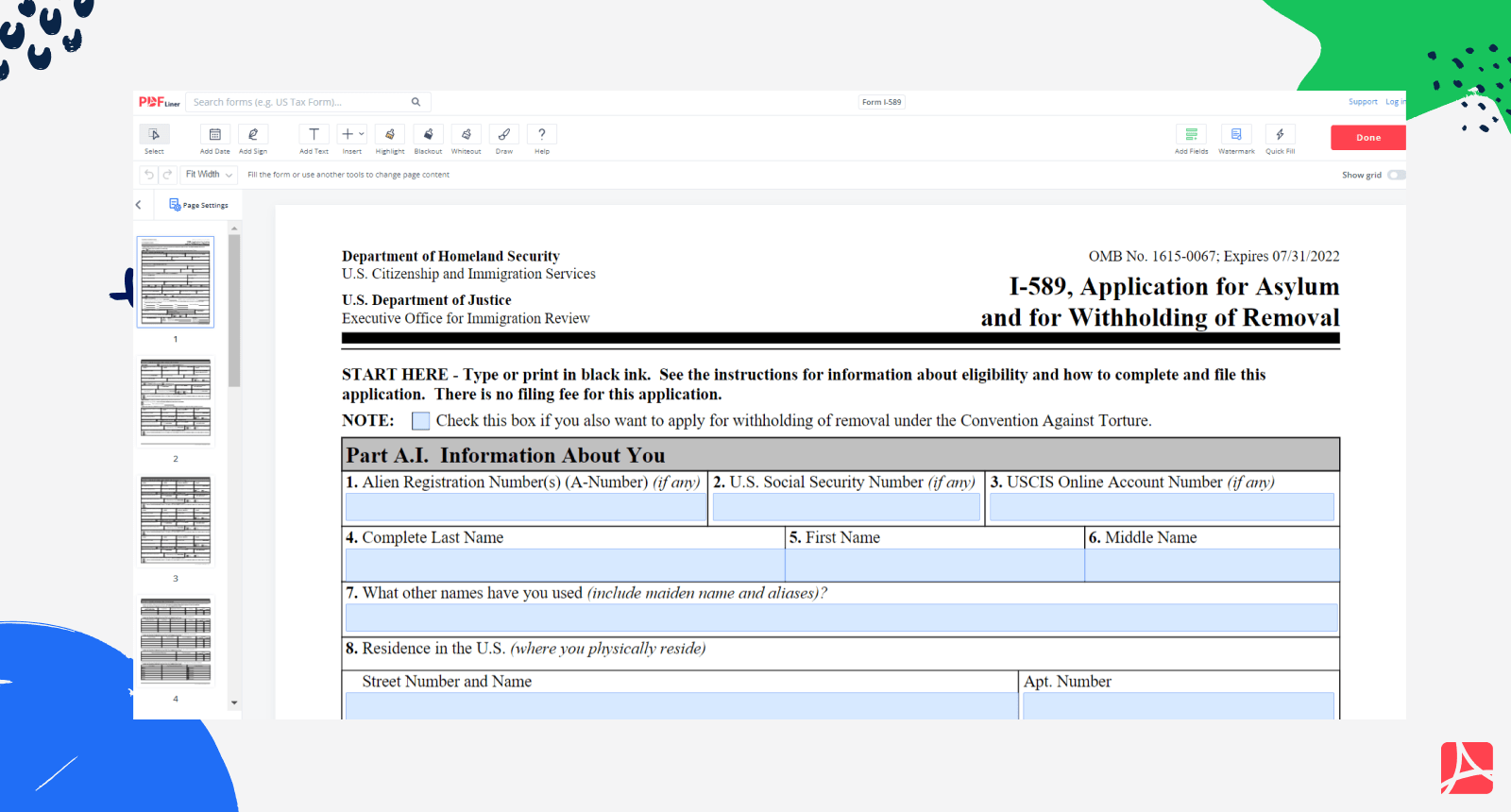 Form I 589 Application For Asylum Blank Sign Forms Online PDFliner Form I 589 Application For Asylum Blank Sign Forms Online PDFliner