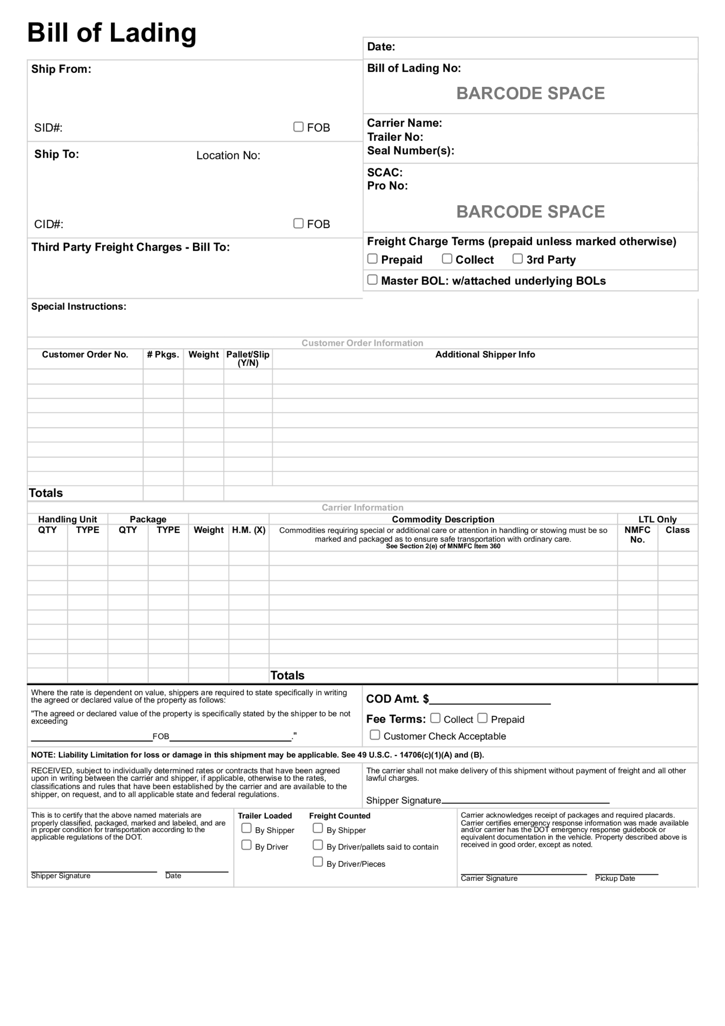 Bill of Lading Template – Form for Shipping and Logistics