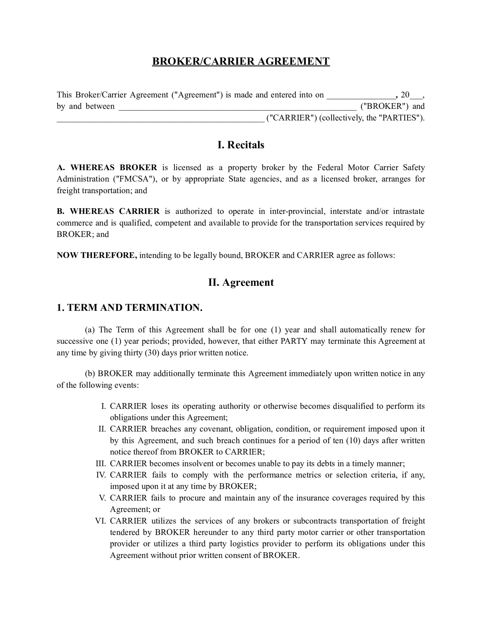 Broker Carrier Agreement – PDF Template for Freight